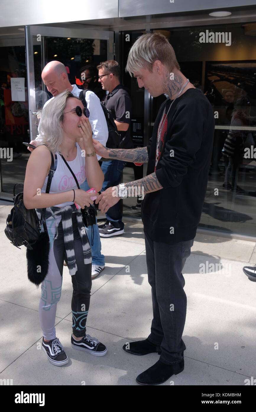 Aaron Carter meets fans outside the Sony building before meeting with ...