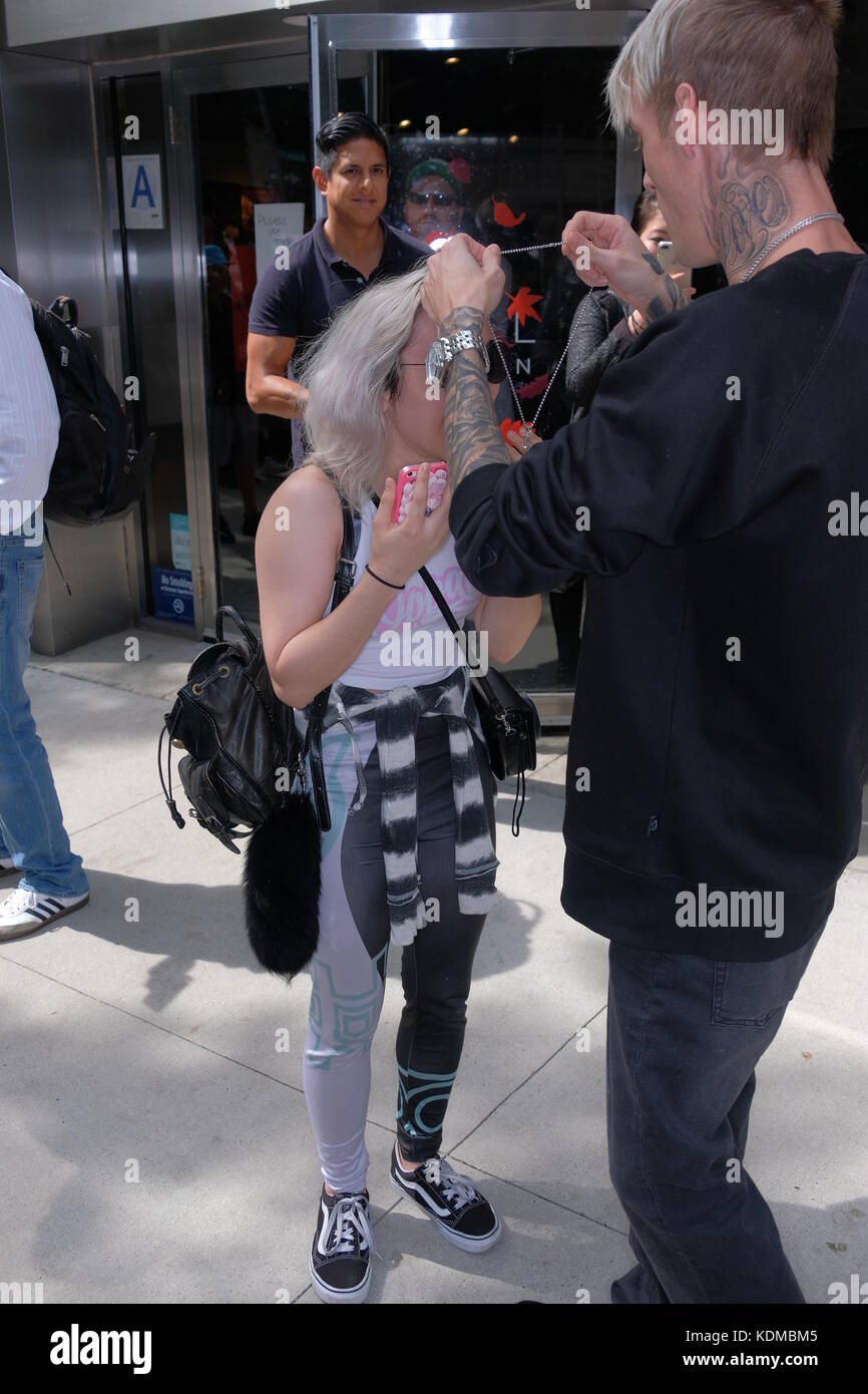 Aaron Carter meets fans outside the Sony building before meeting with ...