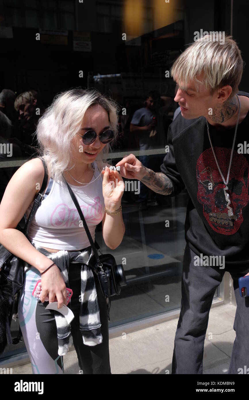 Aaron Carter meets fans outside the Sony building before meeting with ...