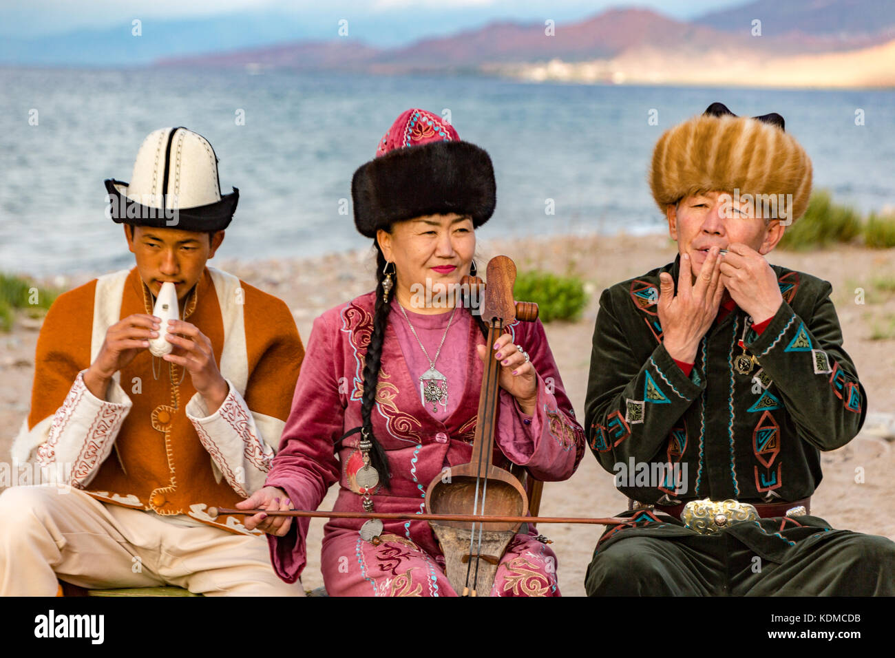 Musicians play traditional instruments in Issyk Kul, Kyrgyzstan on May ...