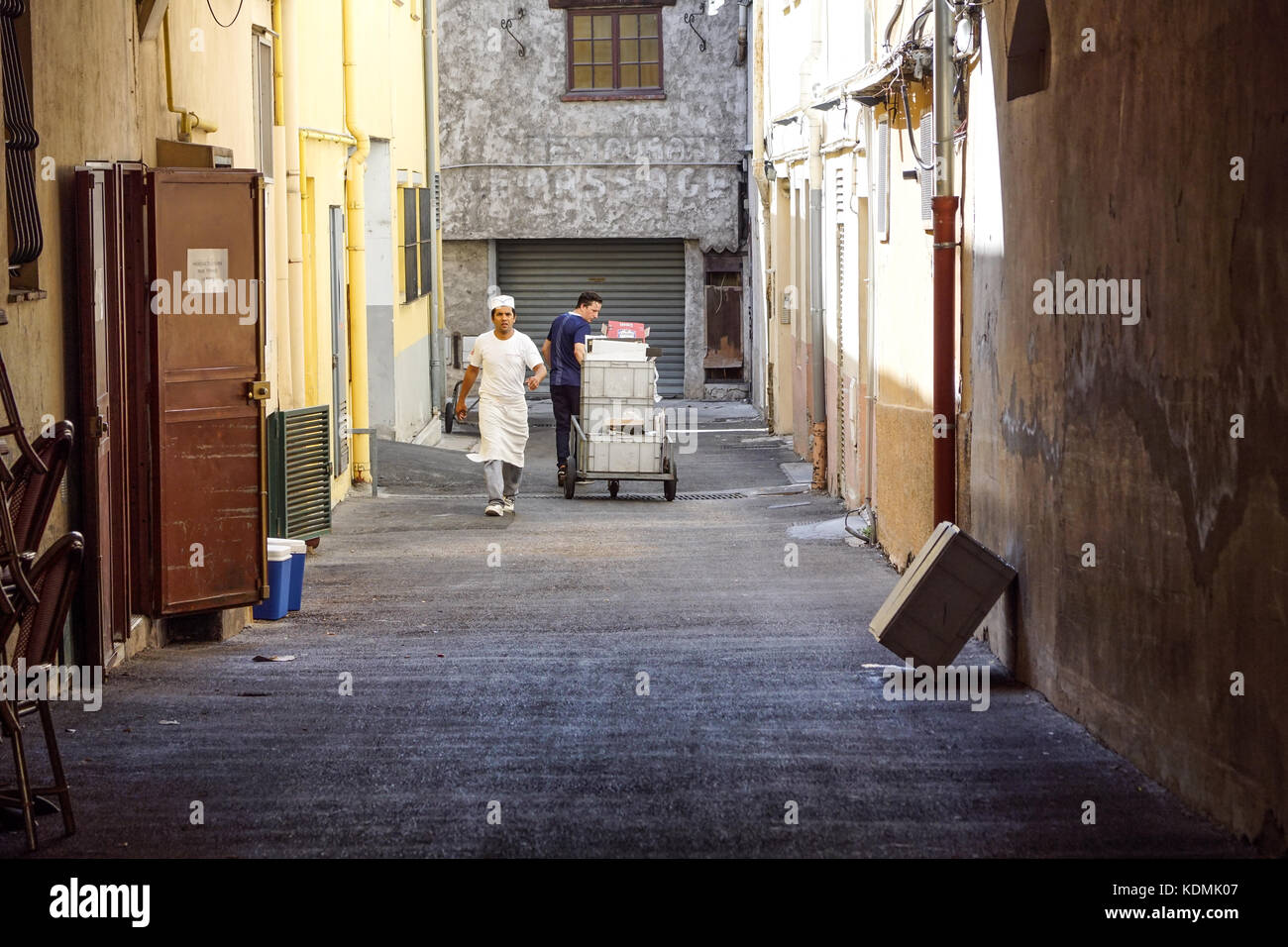 Nice , France -15 Augus17 : Back alley of restaurant at Nice resturant ...