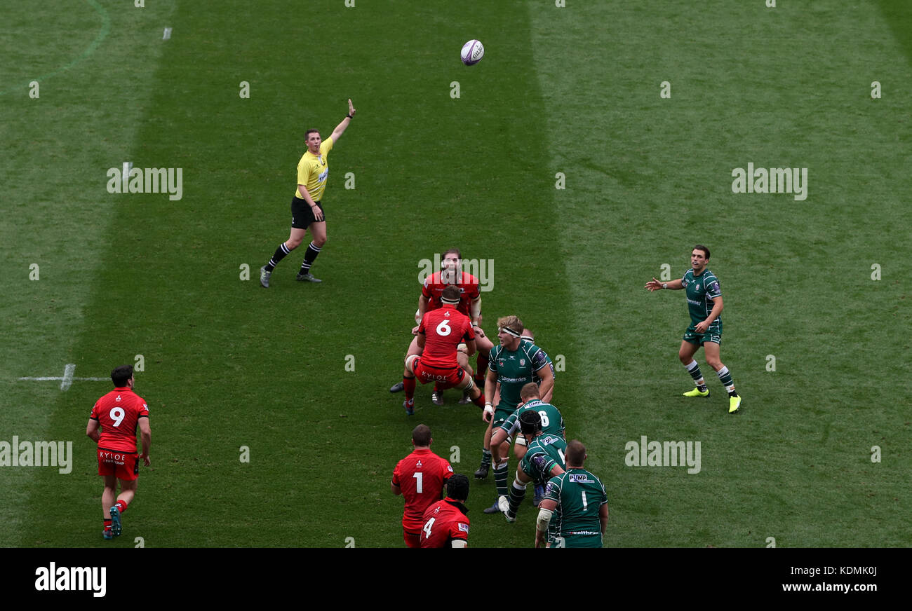 London Irish (right) and Edinburgh Rugby contest a lineout during the ...