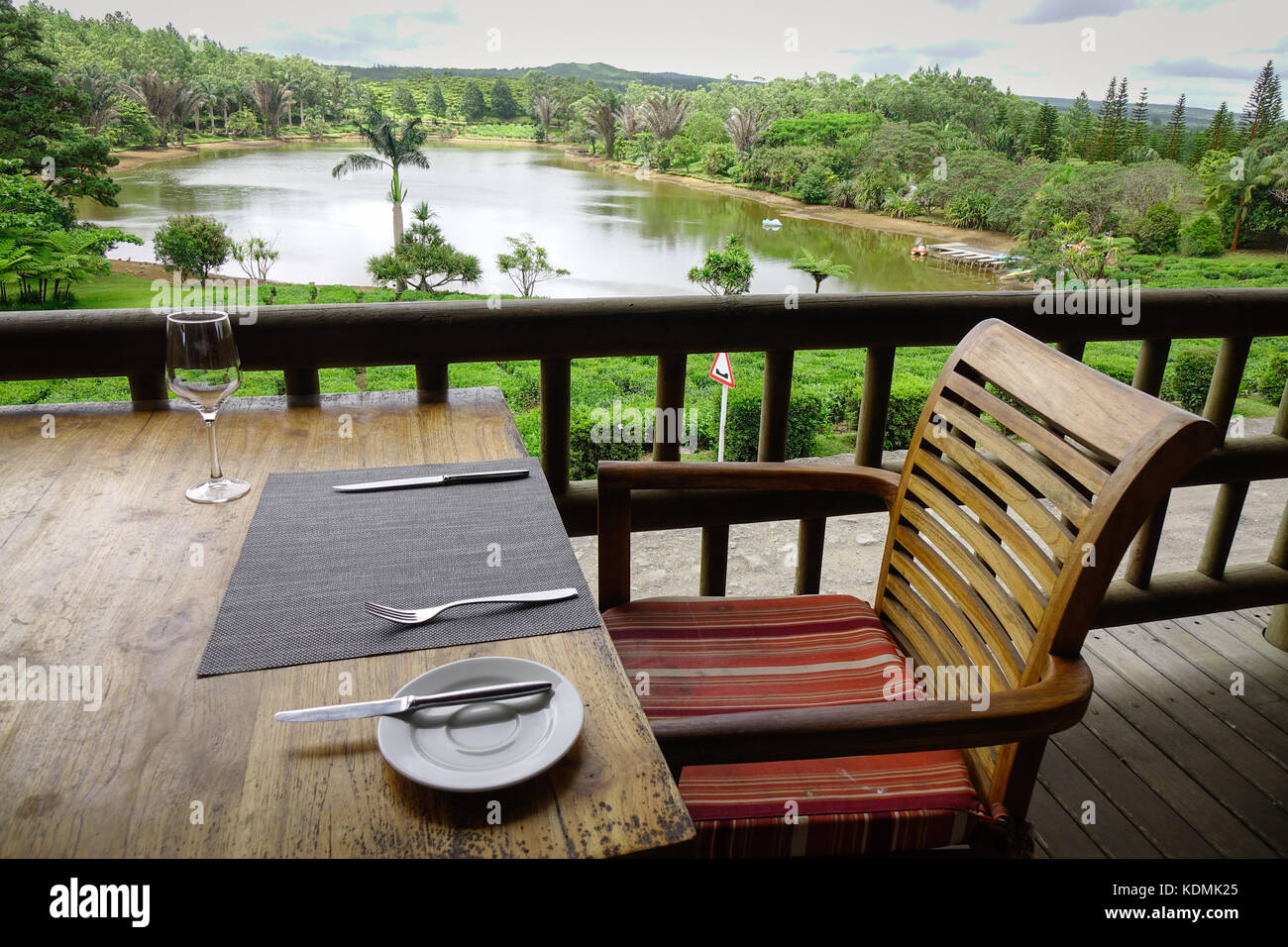 Wooden table at mountain restaurant in the Highlands, Mauritius Island ...