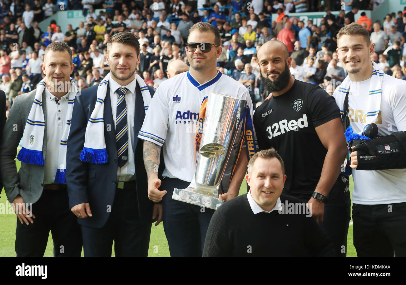 Leeds Rhinos players with the Super League Trophy at half time during ...