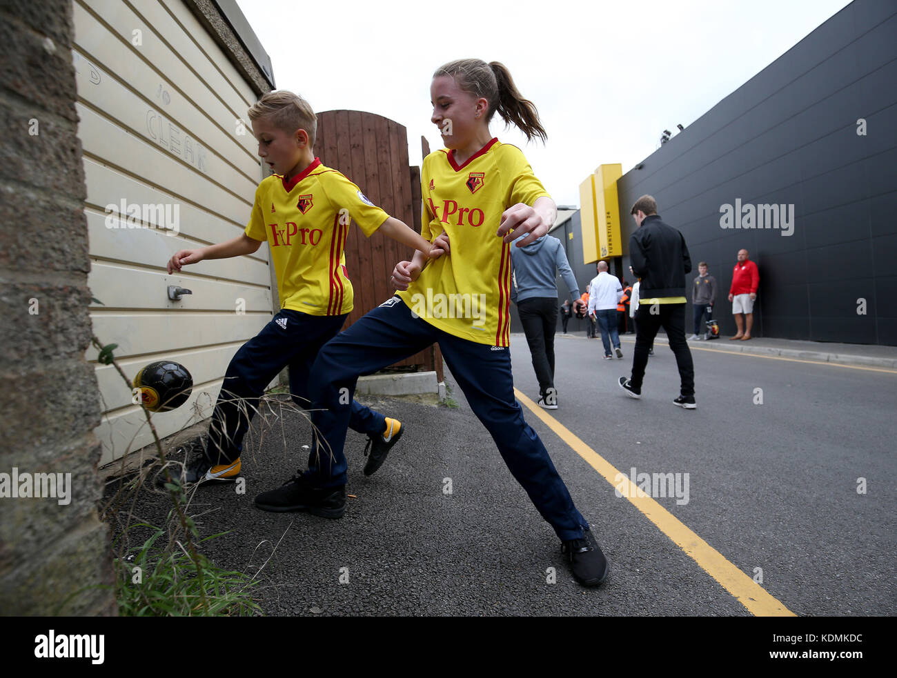 Young Watford fans play football outside the ground before the Premier ...