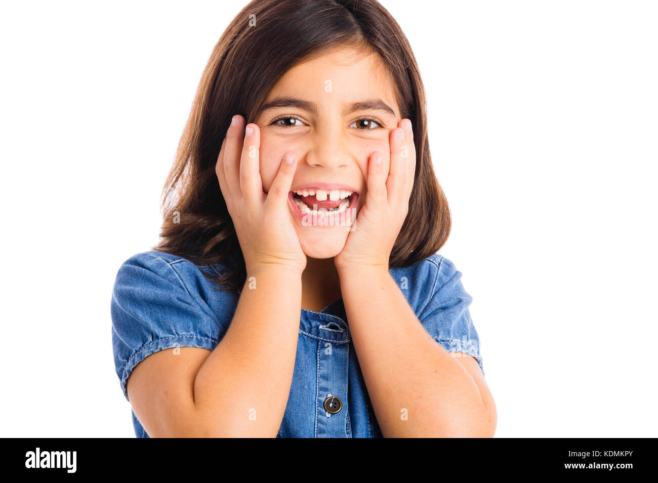 Studio portrait of a beautiful girl smiling, isolated over white ...