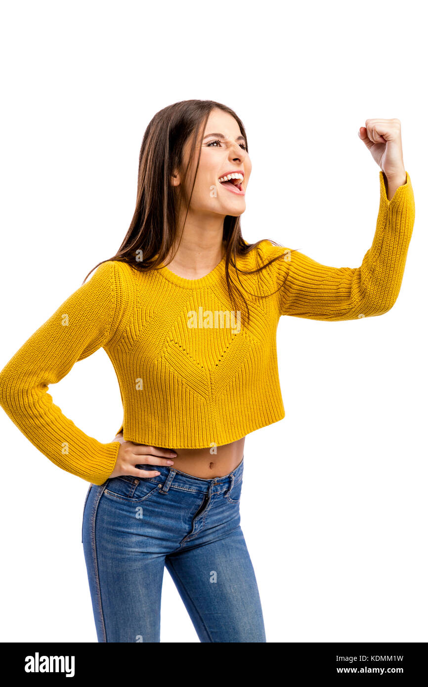 Beautiful and happy woman, isolated over white background Stock Photo ...