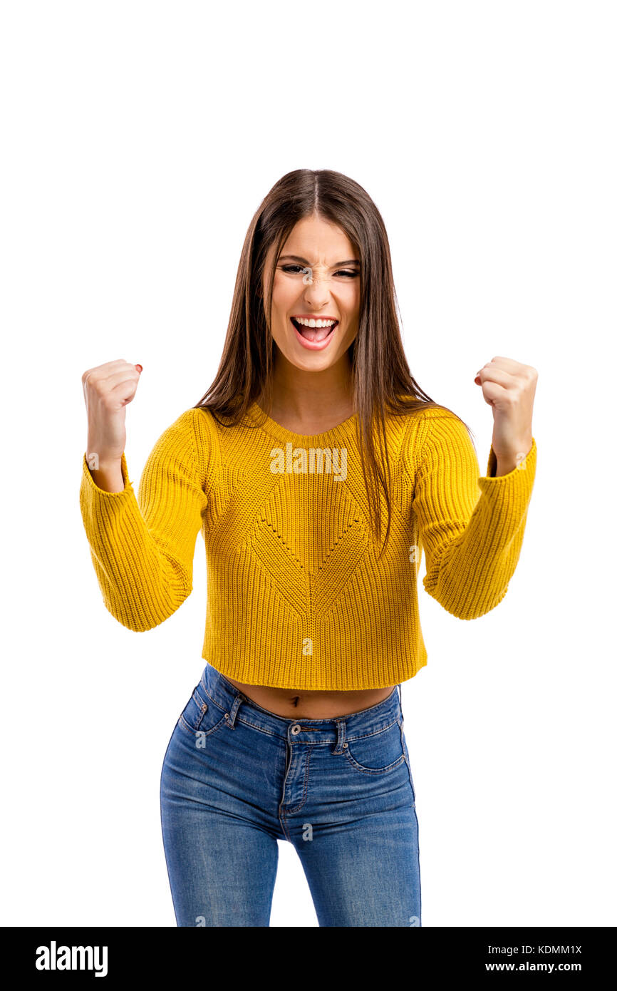 Beautiful and happy woman, isolated over white background Stock Photo ...