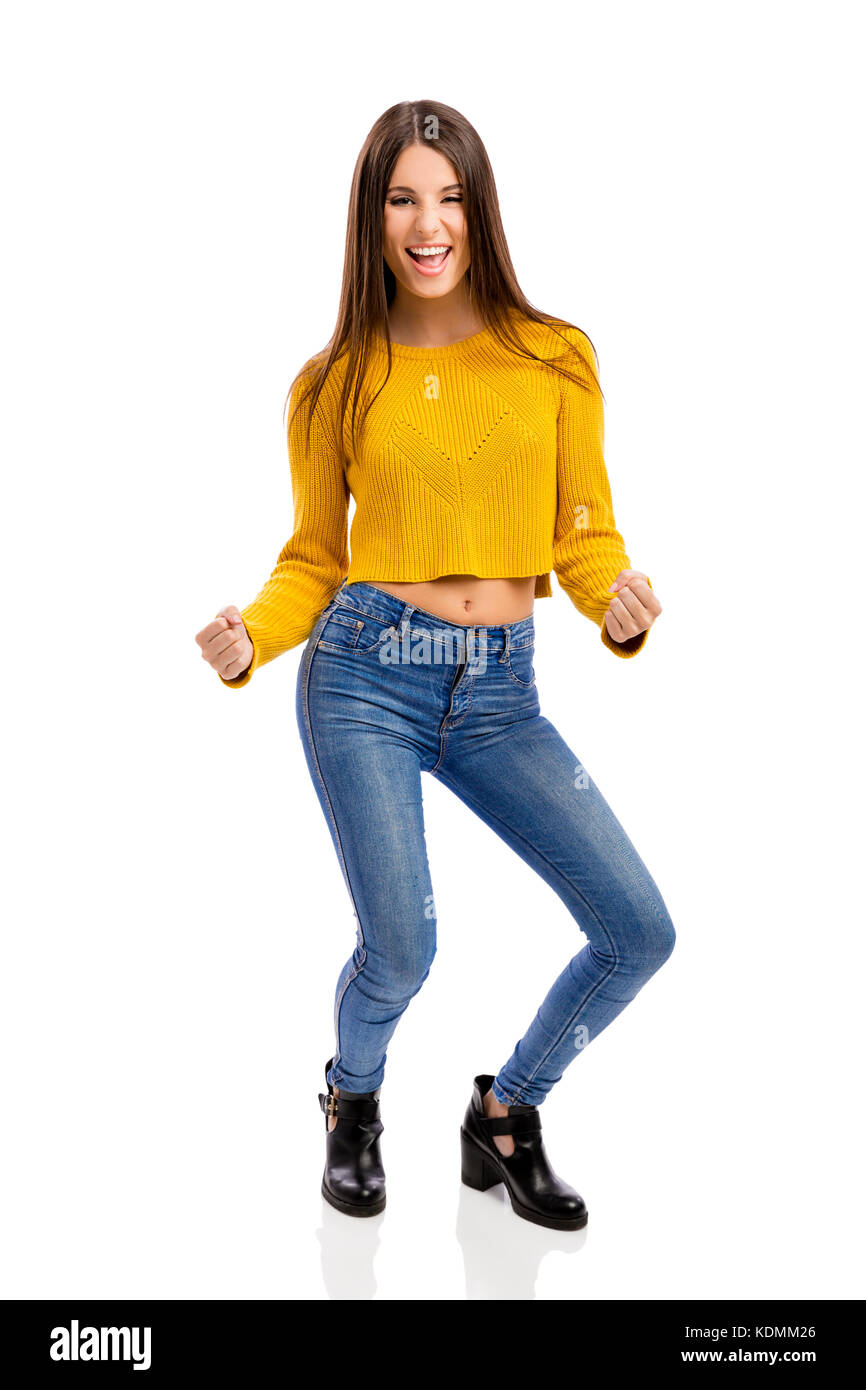 Beautiful and happy woman, isolated over white background Stock Photo ...