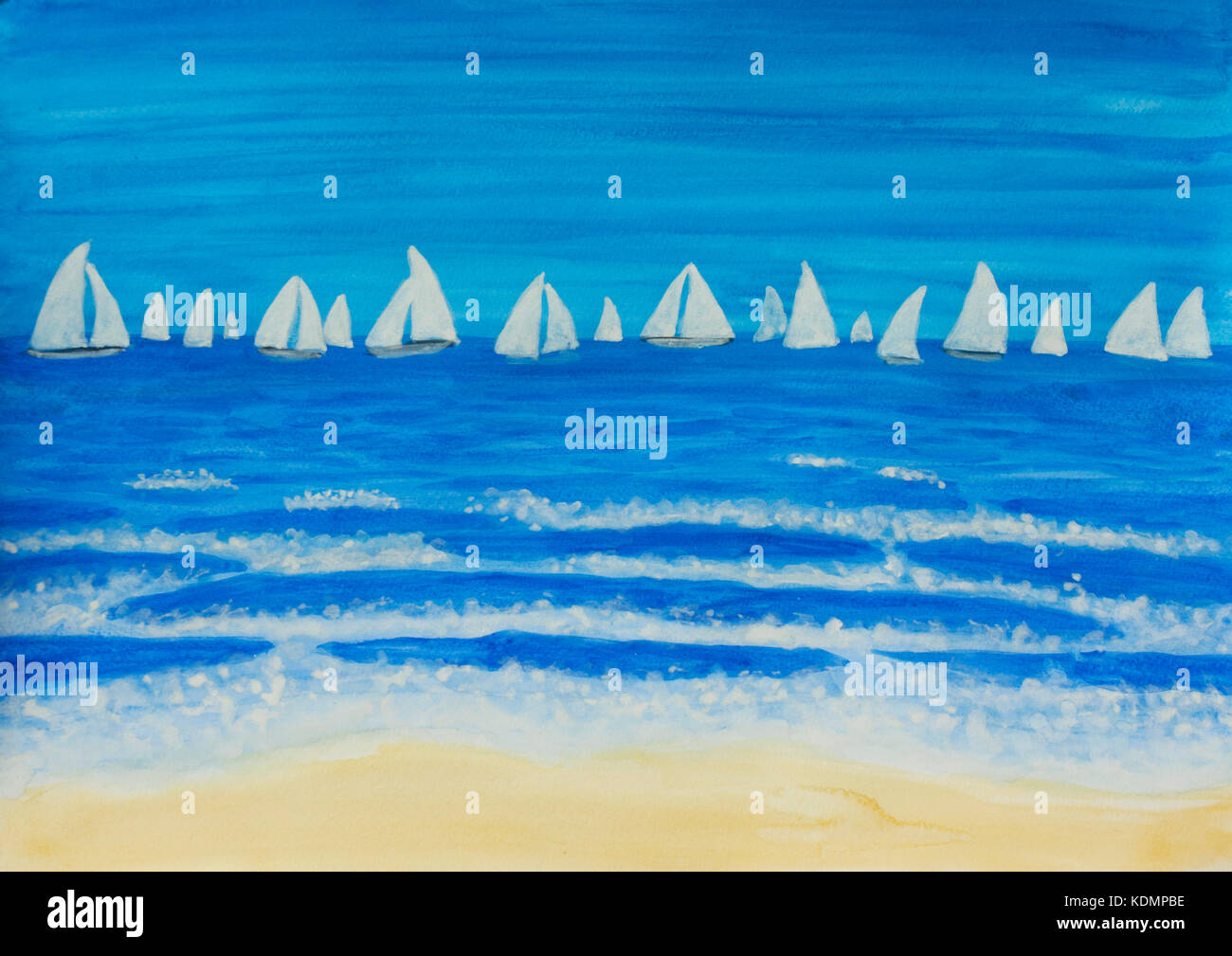 Seascape, sailing regatta with white sales, illustration painting ...