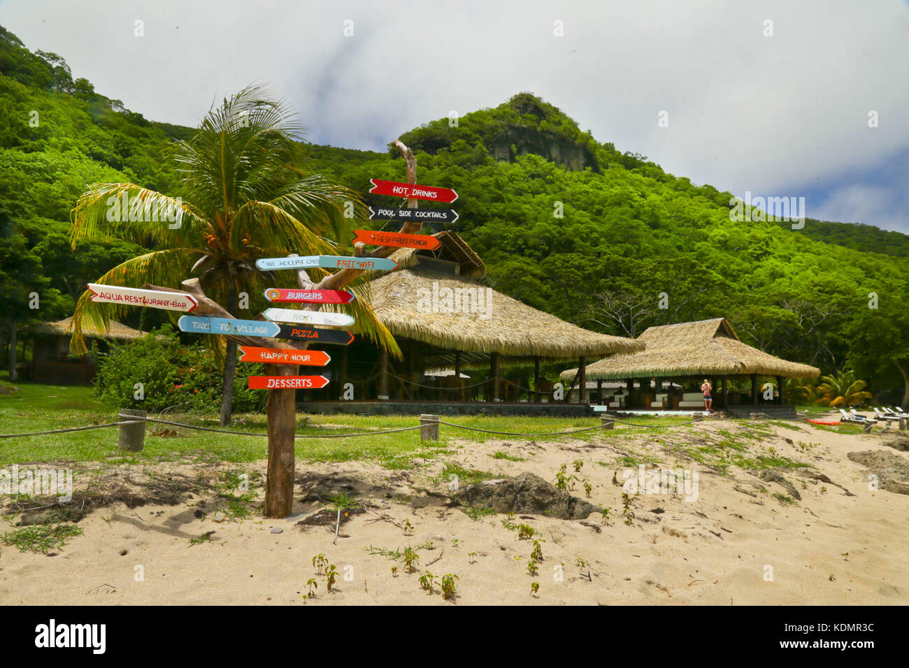 Signpost at tropical resort, Chatham Bay, Union Island, Grenadines ...