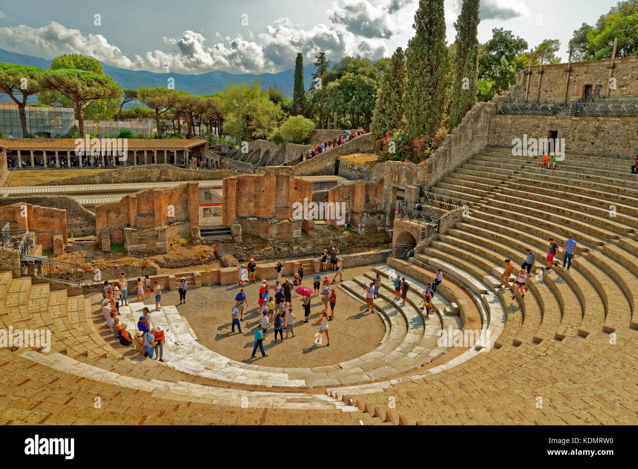 Grand theatre at the ruined Roman city of Pompeii at Pompei Scavi, near ...