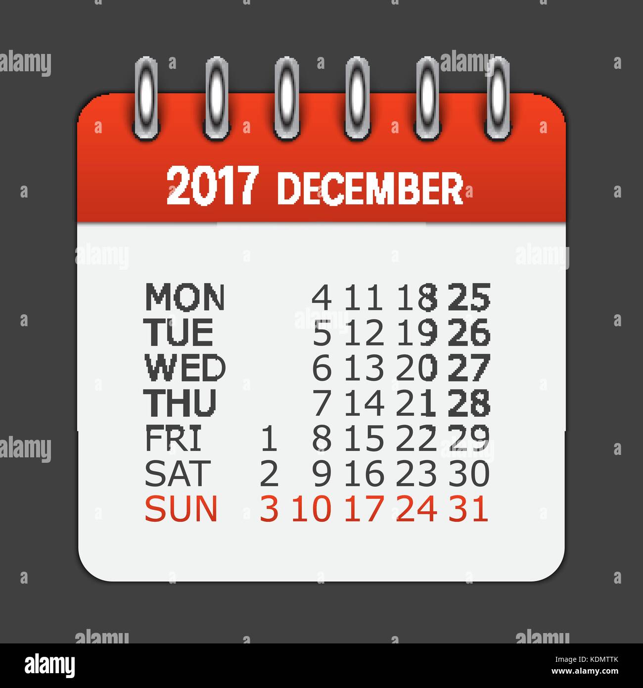 December 2017 Calendar Daily Icon. Vector Illustration Emblem. E Stock ...