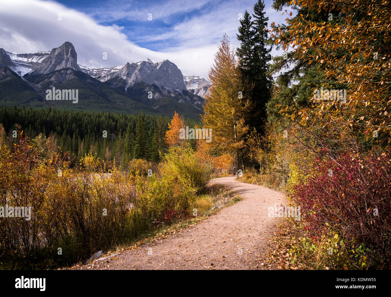 Canmore walking path in fall with mountains and vibrant colors Stock ...