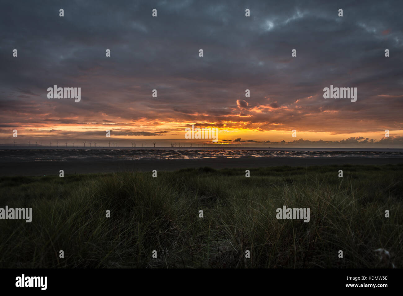 Sunset from Formby beach, Merseyside, looking out across the Irish sea ...