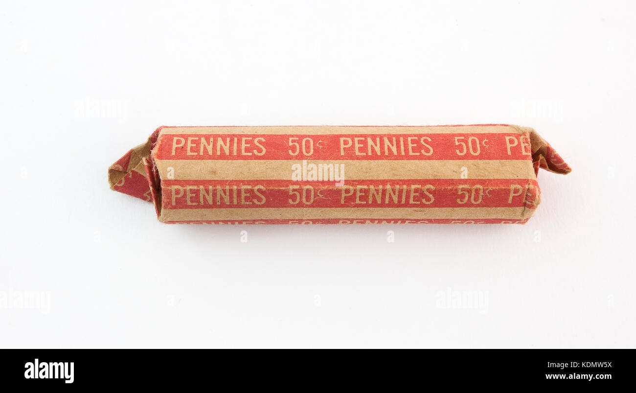 Paper roll of pennies. Isolated. Horizontal Stock Photo - Alamy