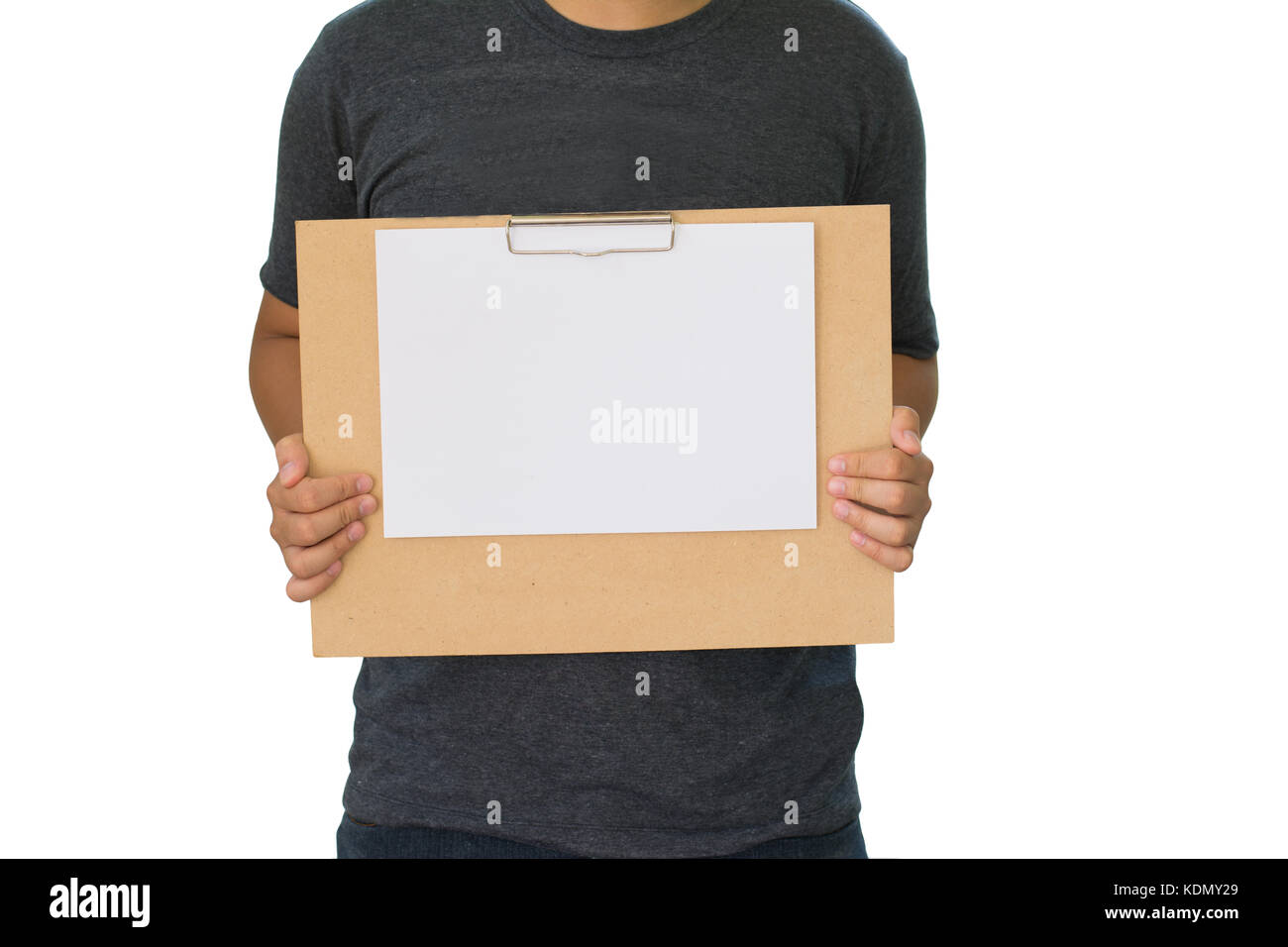 hand holding blank crumpled note on borad isolated on white background ...