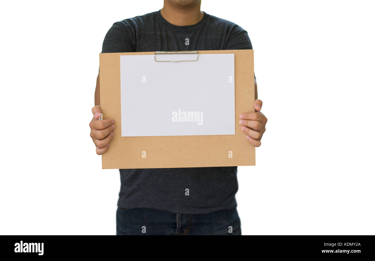 hand holding blank crumpled note on borad isolated on white background ...