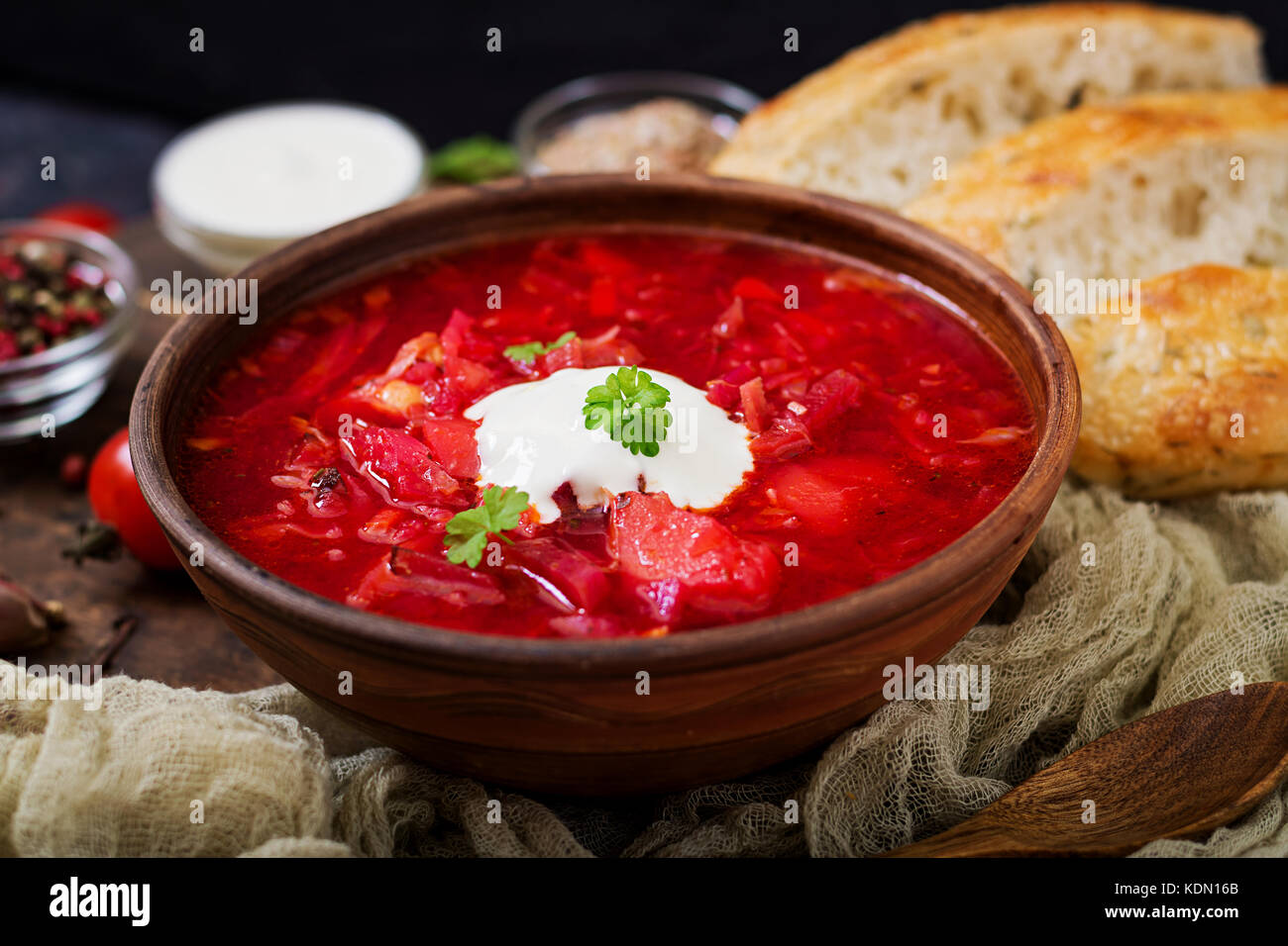 Traditional Ukrainian Russian borscht with white beans on the bowl ...