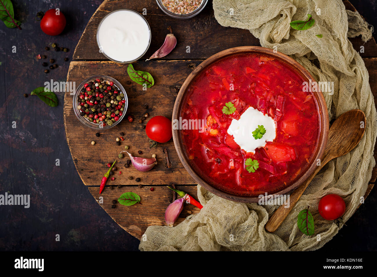 Traditional Ukrainian Russian borscht with white beans on the bowl ...