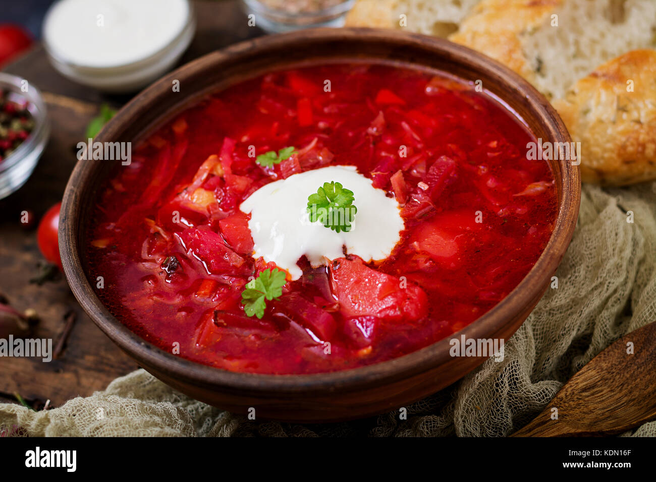 Traditional Ukrainian Russian borscht with white beans on the bowl ...