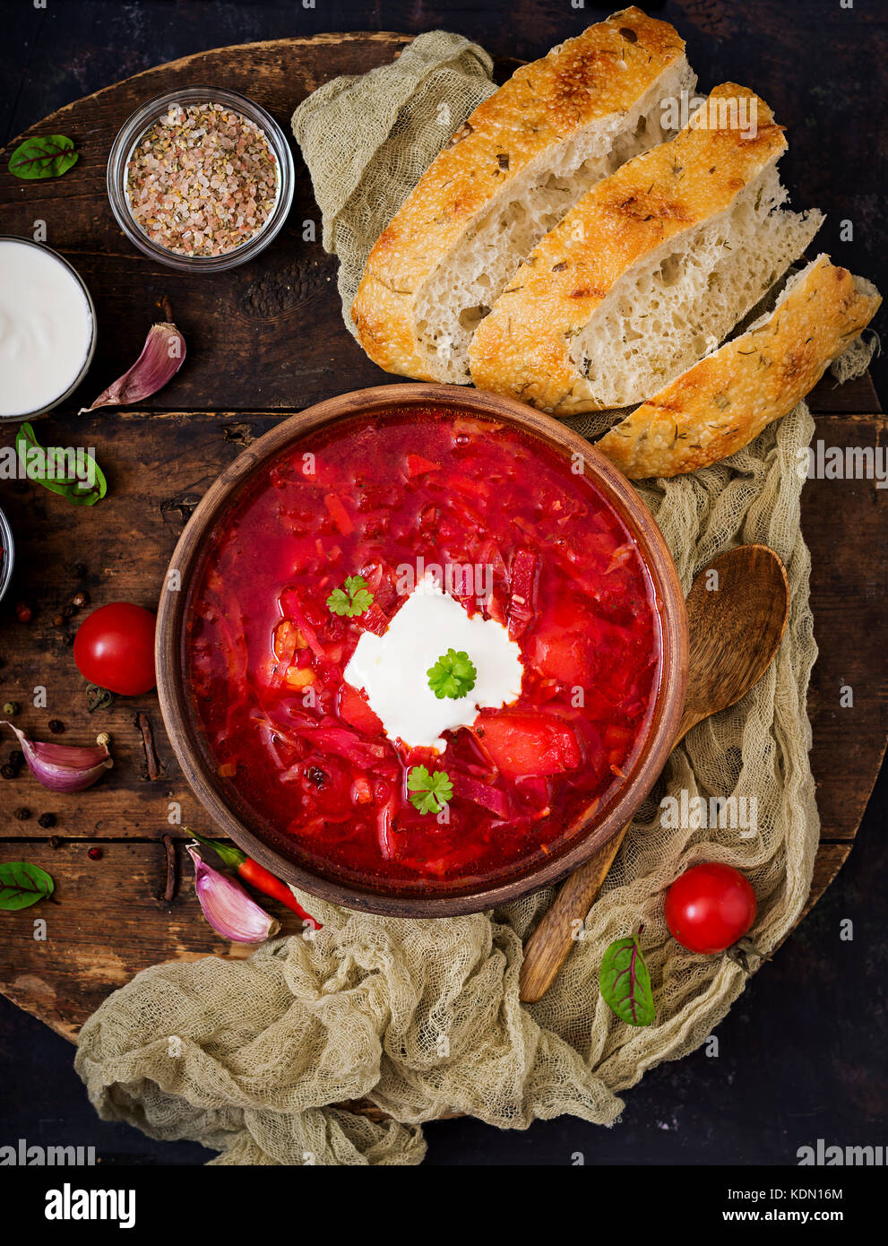 Traditional Ukrainian Russian borscht with white beans on the bowl ...