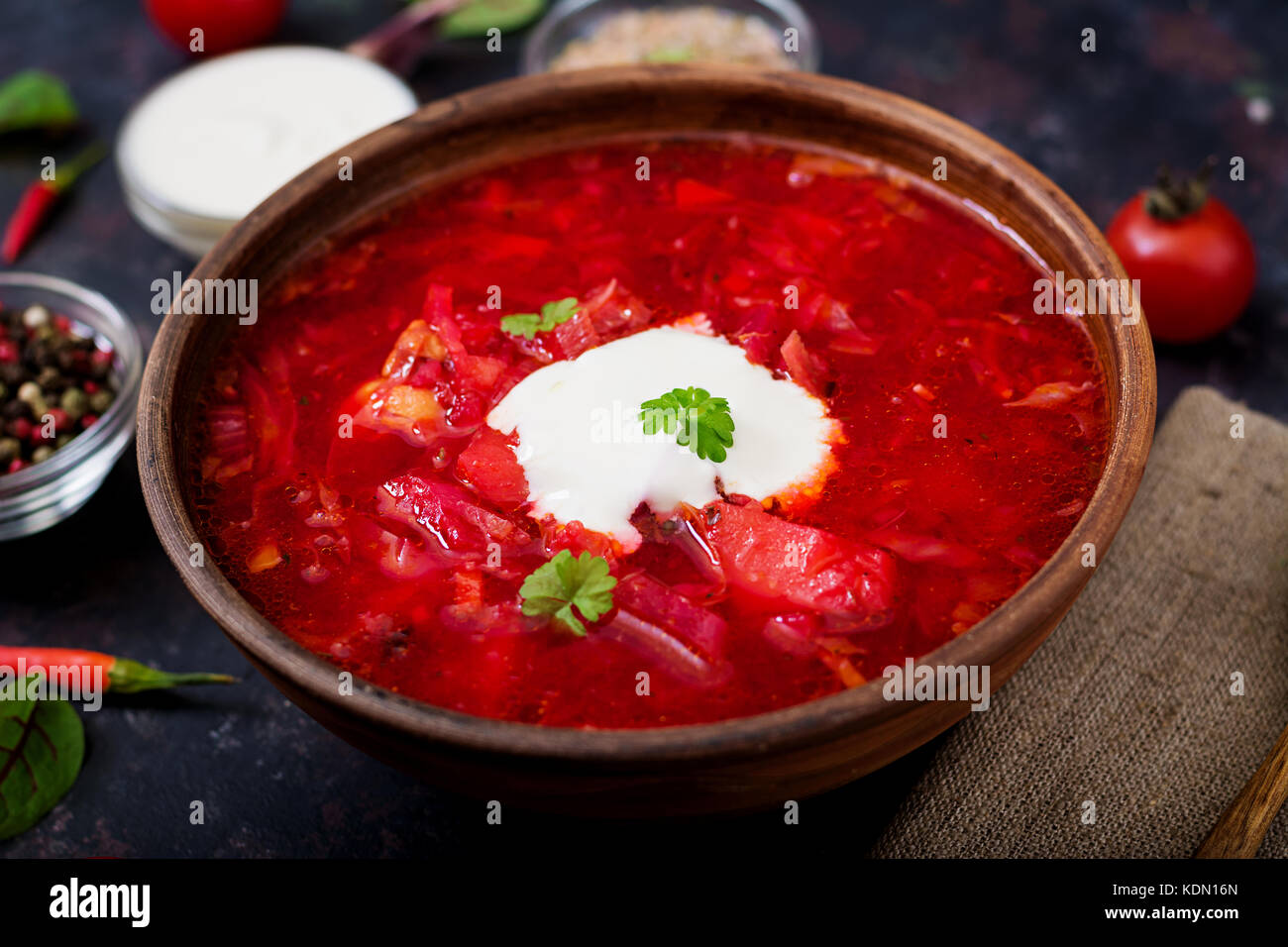 Traditional Ukrainian Russian borscht with white beans on the bowl ...