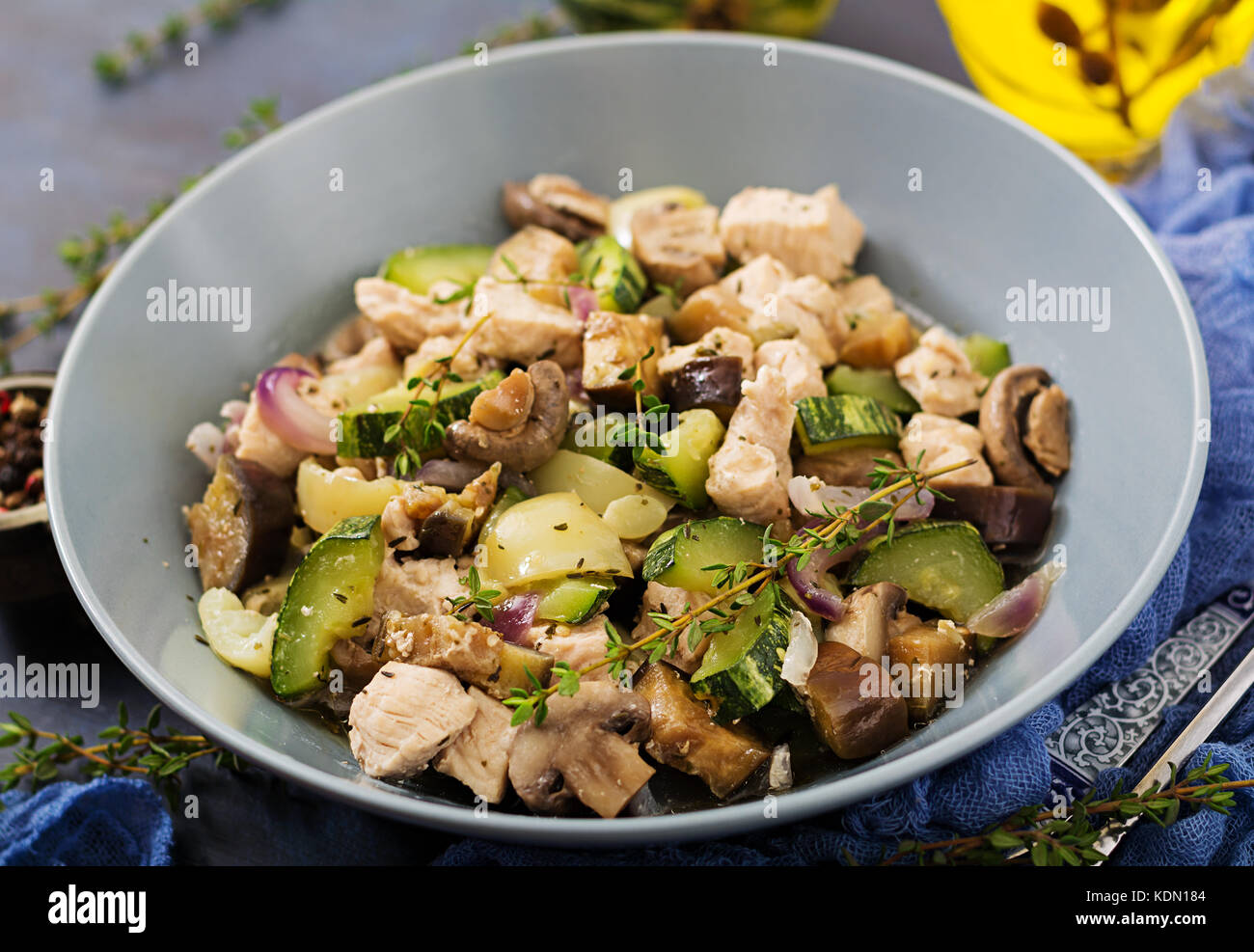 Delicate slices of chicken fillet with zucchini and mushrooms stewed ...