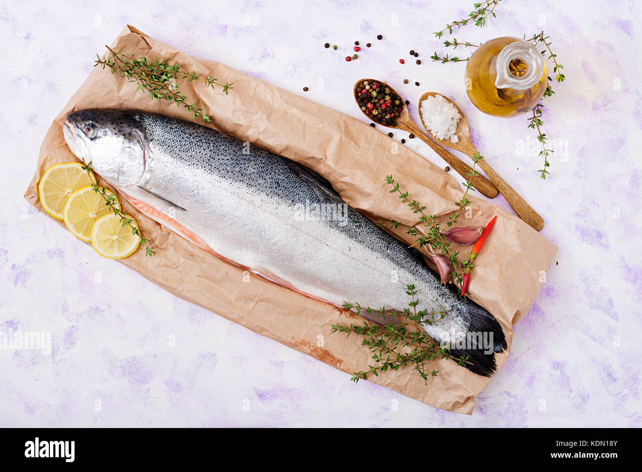Fresh raw salmon red fish on a light background. Flat lay. Top view ...