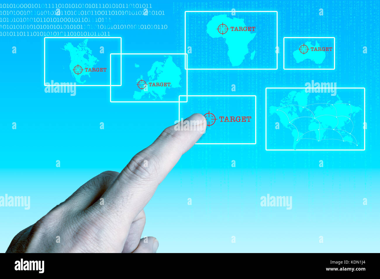 world and continents blu maps with a finger targeting Stock Photo - Alamy