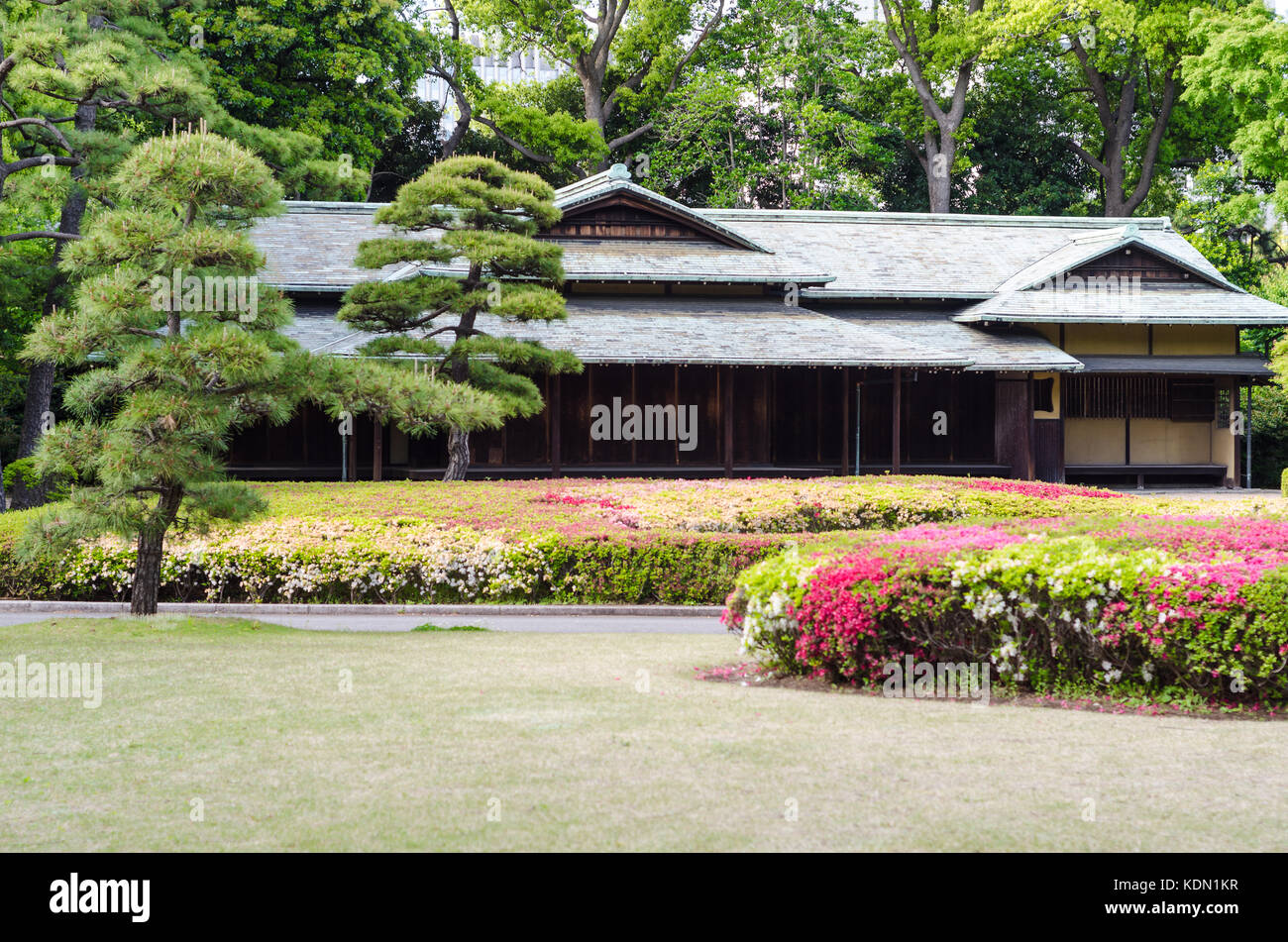 japanese traditional house in a park of Tokyo and flowers Stock Photo ...