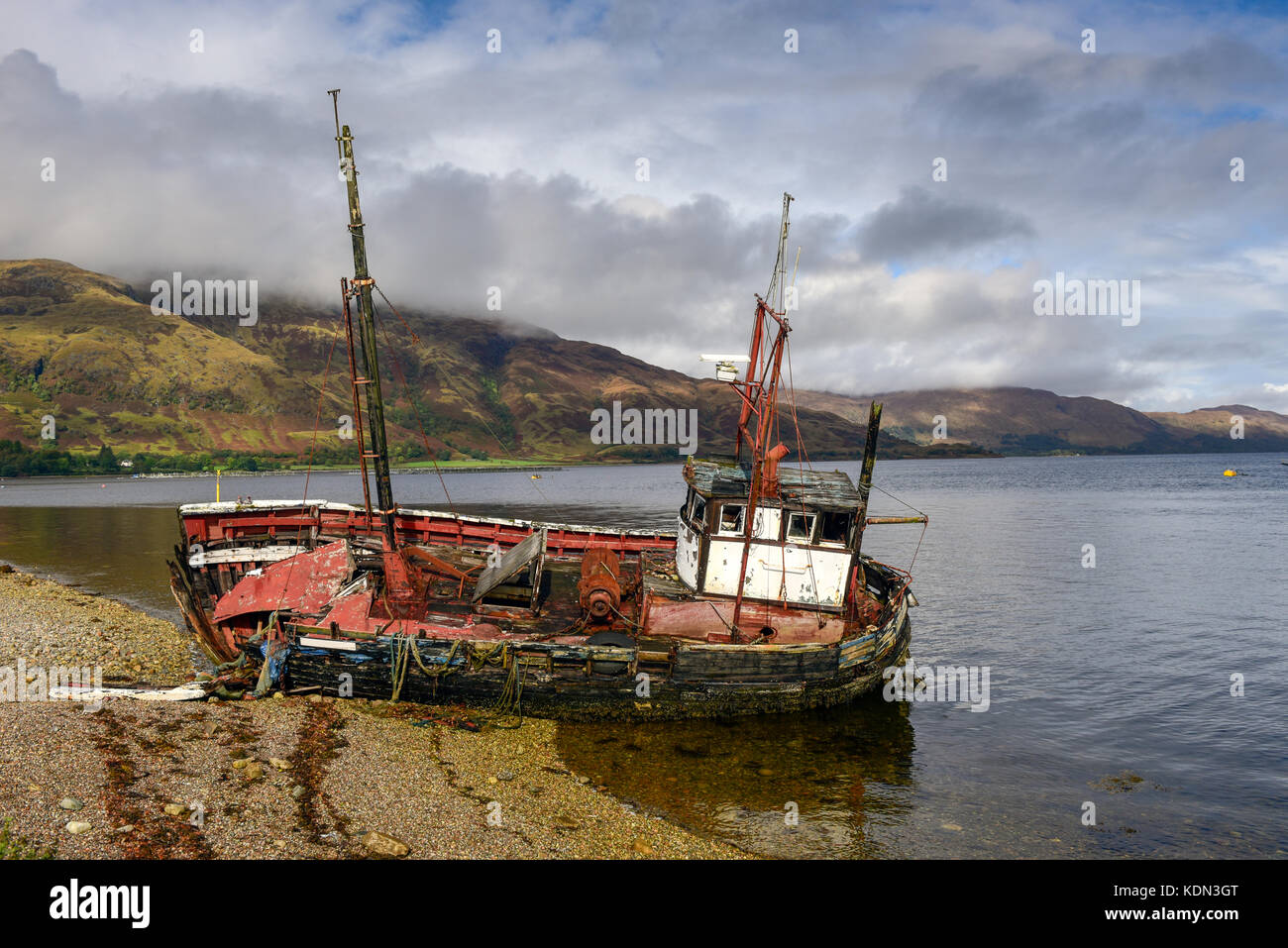 Old Trawler hauled up on the shore of Loch Linhe in Scotland Stock ...