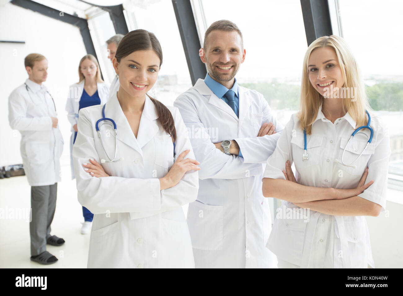 Medical doctors group in modern office with panoramic windows Stock ...