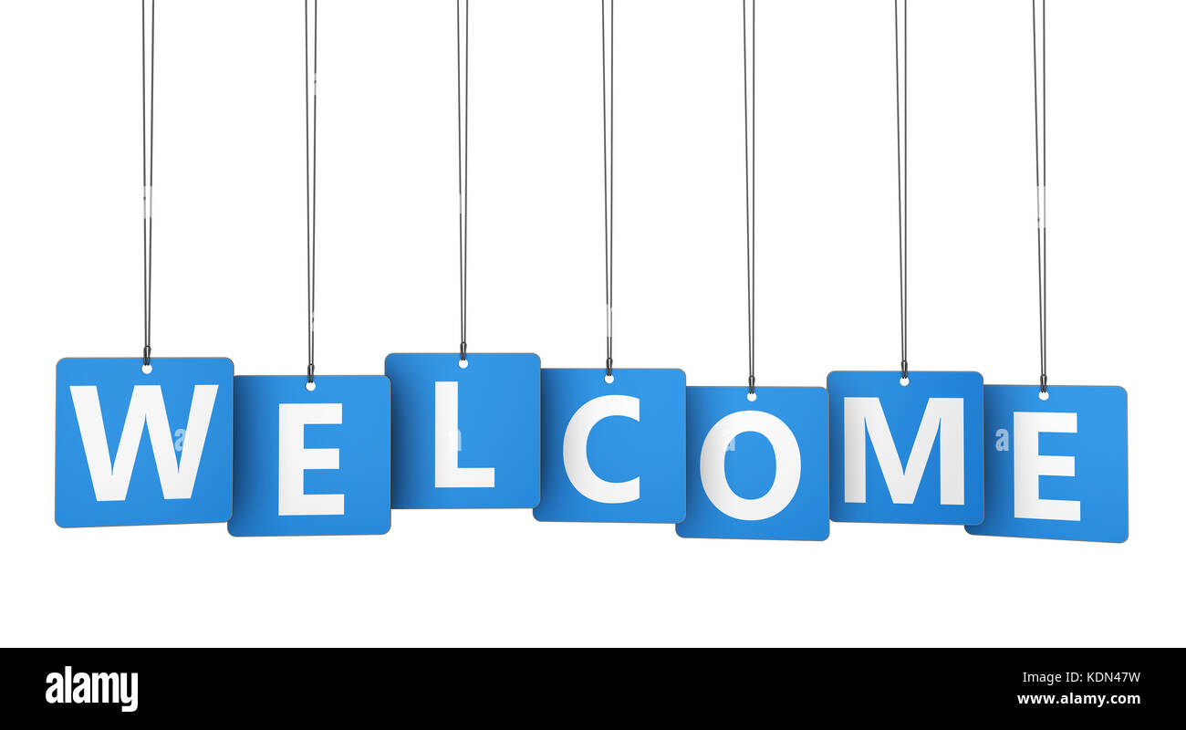 Welcome word and sign on blue paper tags isolated on white background ...