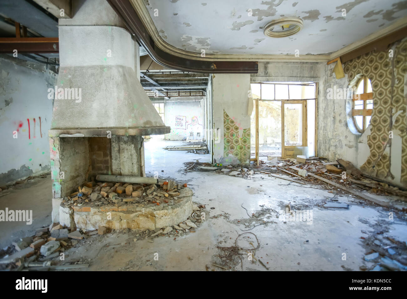 KUPARI, CROATIA - JULY 19, 2017 : Destroyed fireplace in an old ruined ...