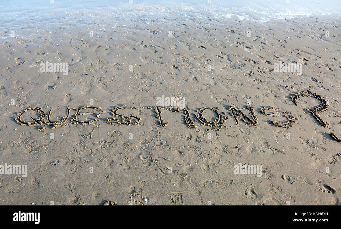 Text QUESTIONS with question mark written on the sand can be used for ...