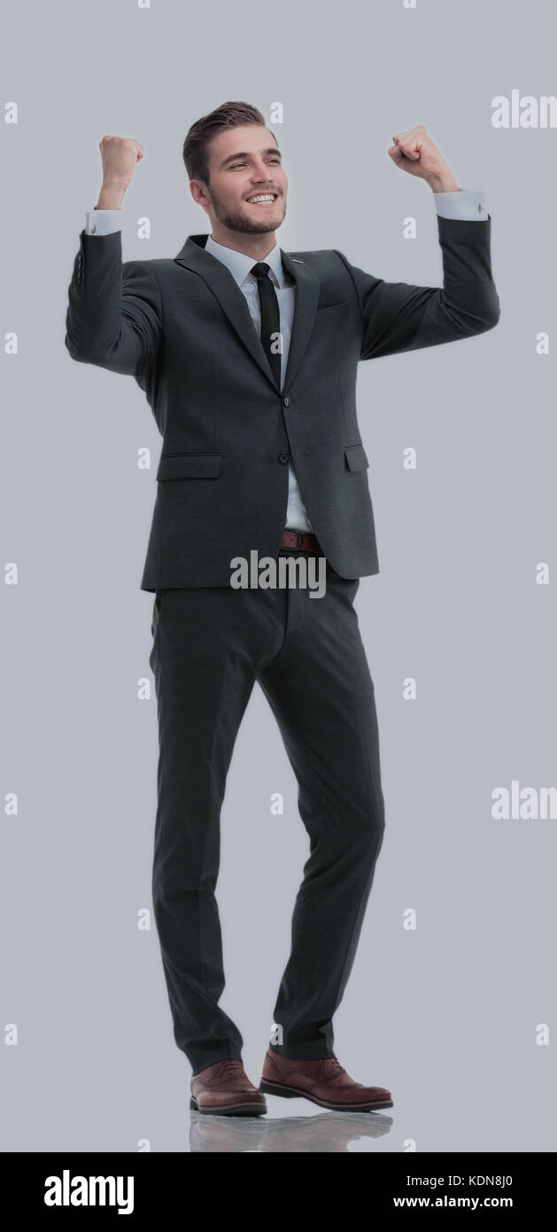 Excited smile business man raised arms, isolated over white Stock Photo ...