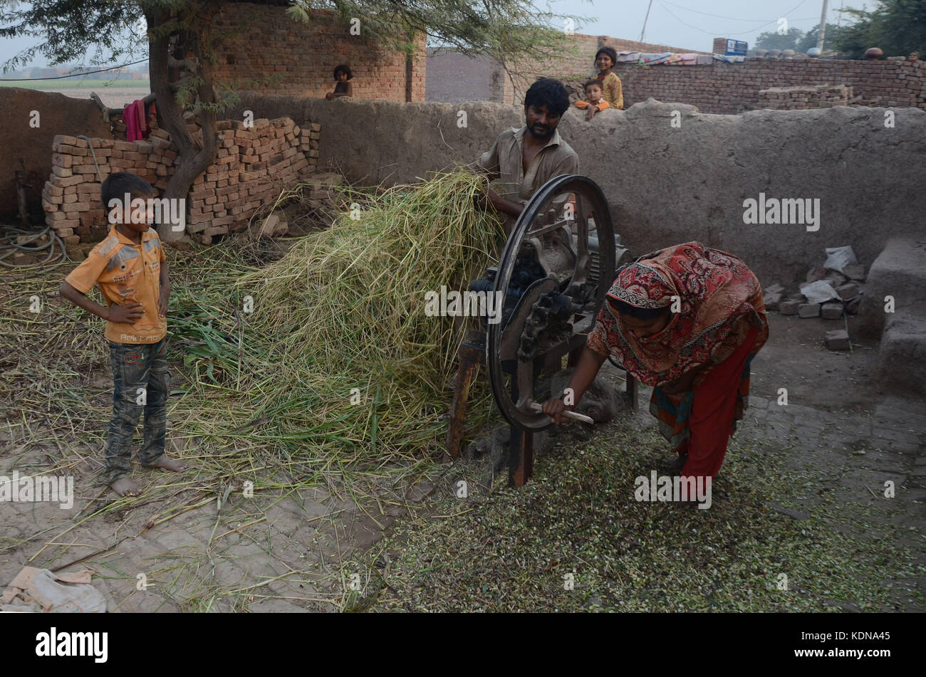 Lahore, Pakistan. 11th Oct, 2017. Pakistani villager woman busy in ...