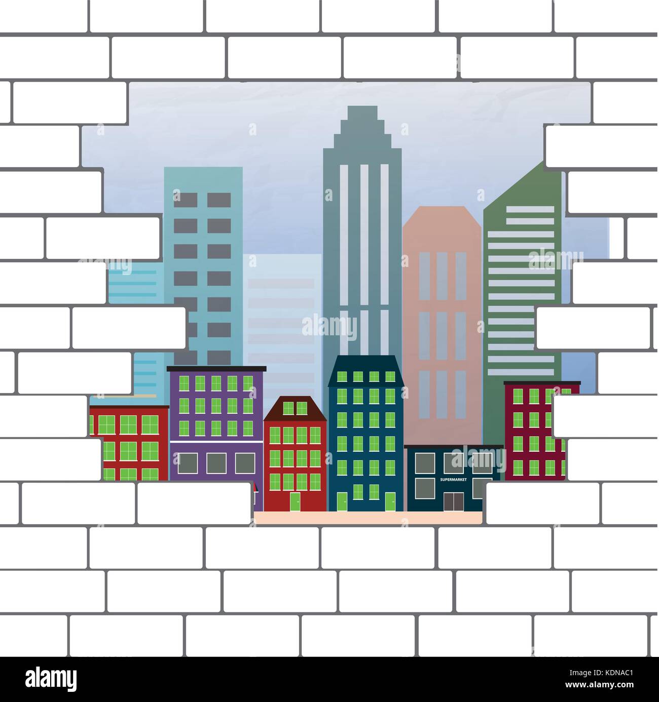 break in the brick wall with a view the city, vector illustration Stock ...