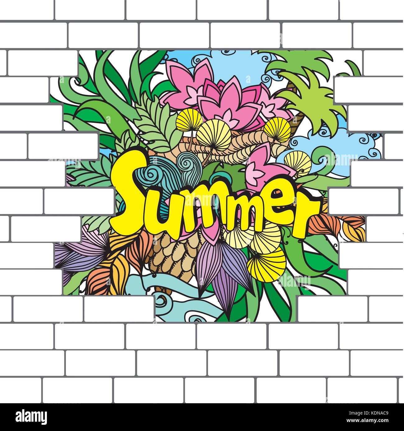 break in a brick wall with a summer background, vector illustration ...