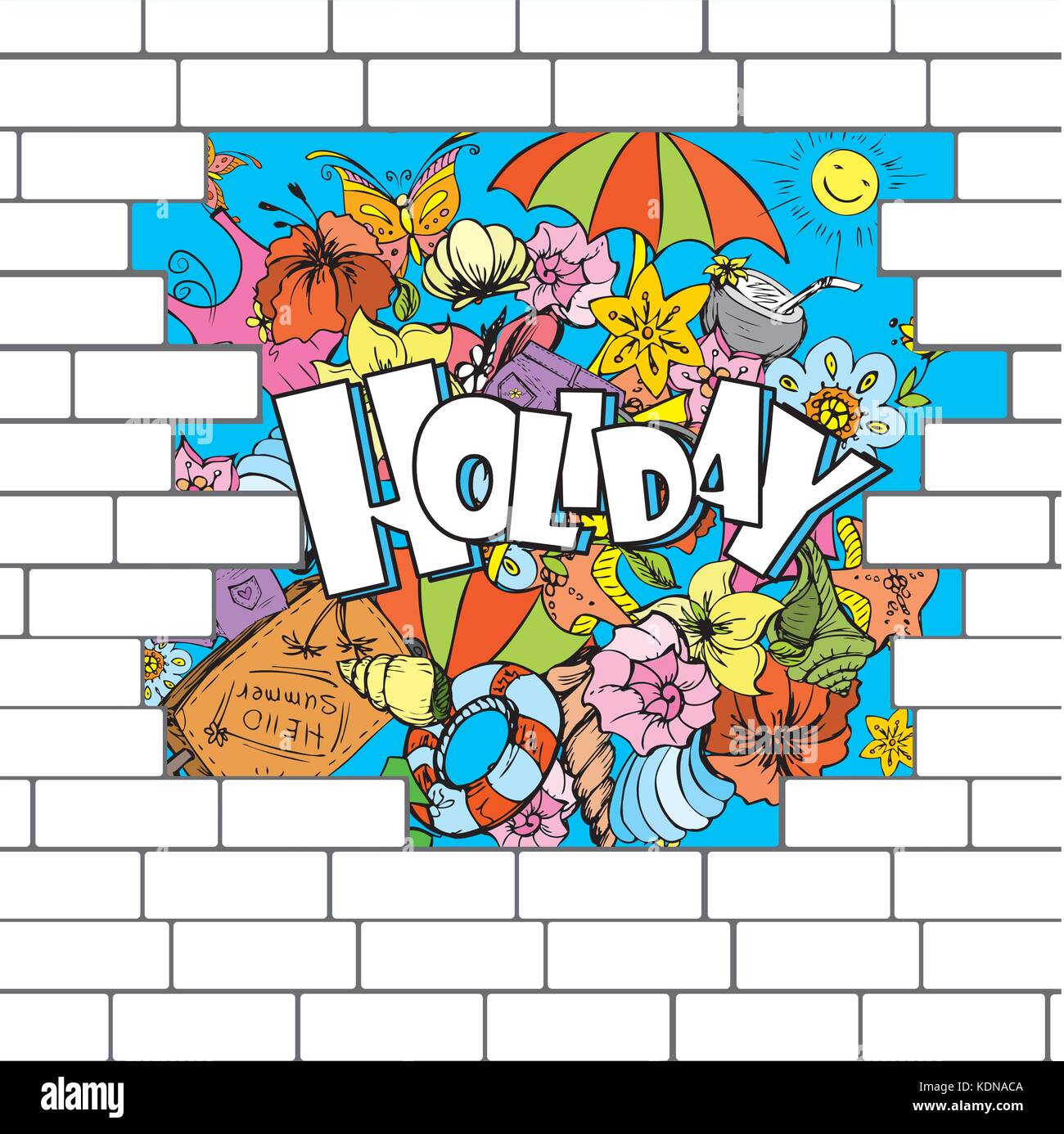 break in a brick wall with a summer background, vector illustration ...