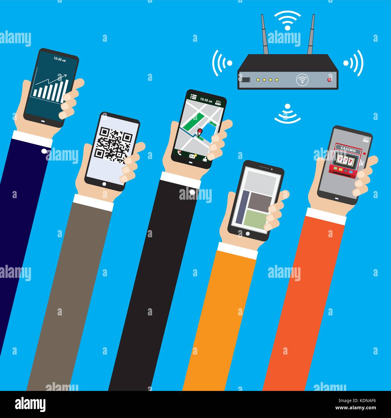 Mobile applications concept. Hand with phones and wifi router flat ...
