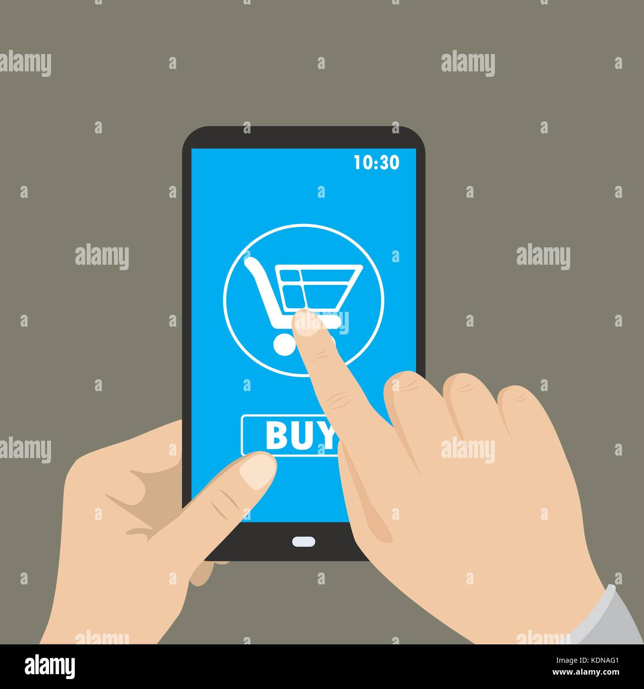 Smartphone in hand. mobile shopping button, flat design. Vector Stock ...