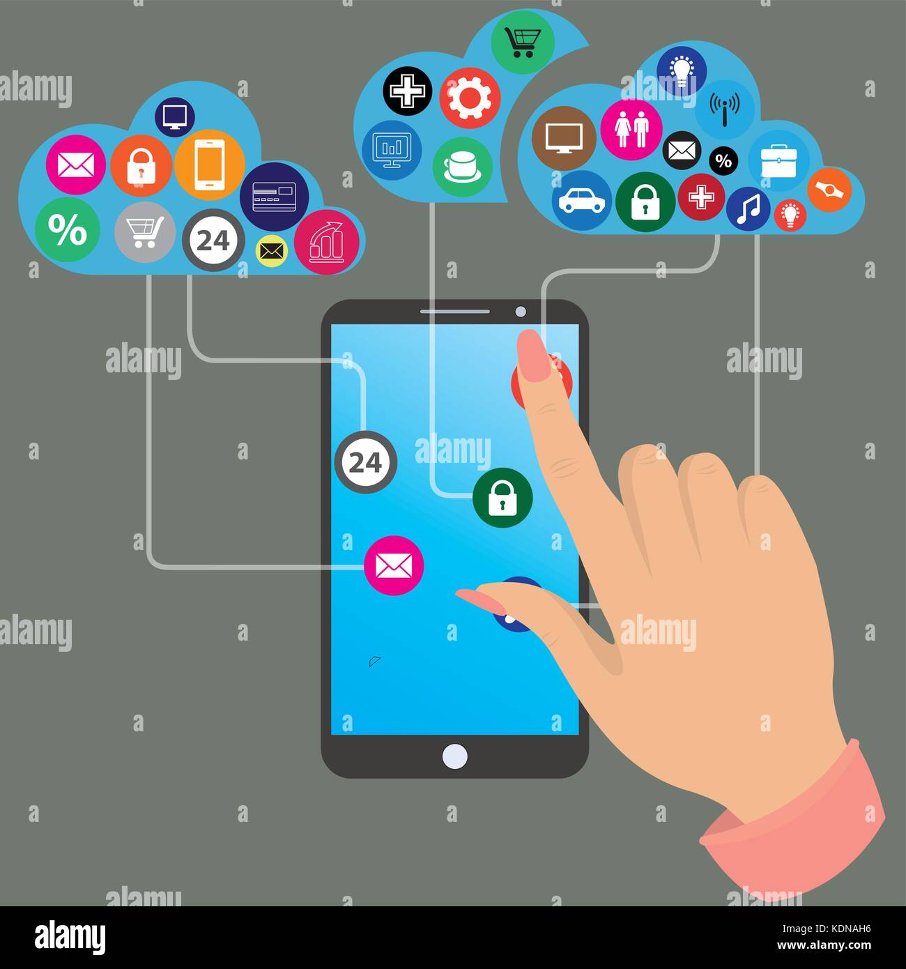 Mobile App,human hand touching screen of smart phone, vector ...