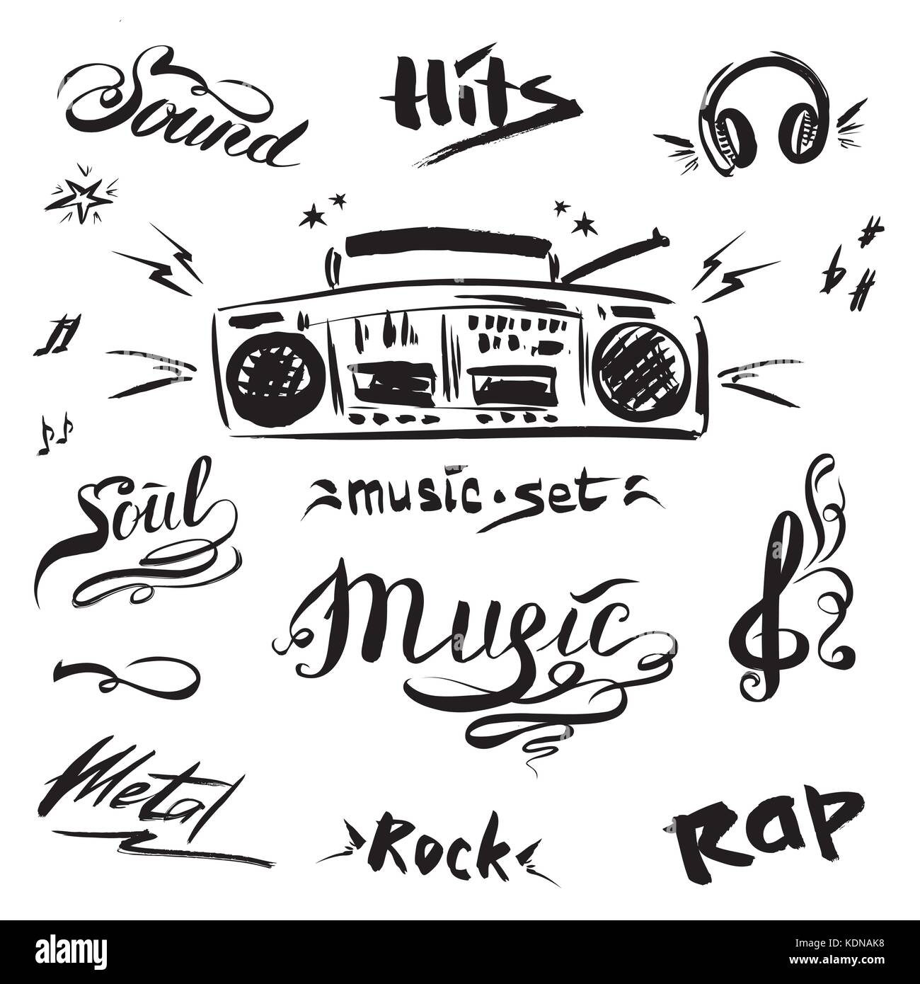 Hand drawn sketch with notes, music player and music styles lettering ...