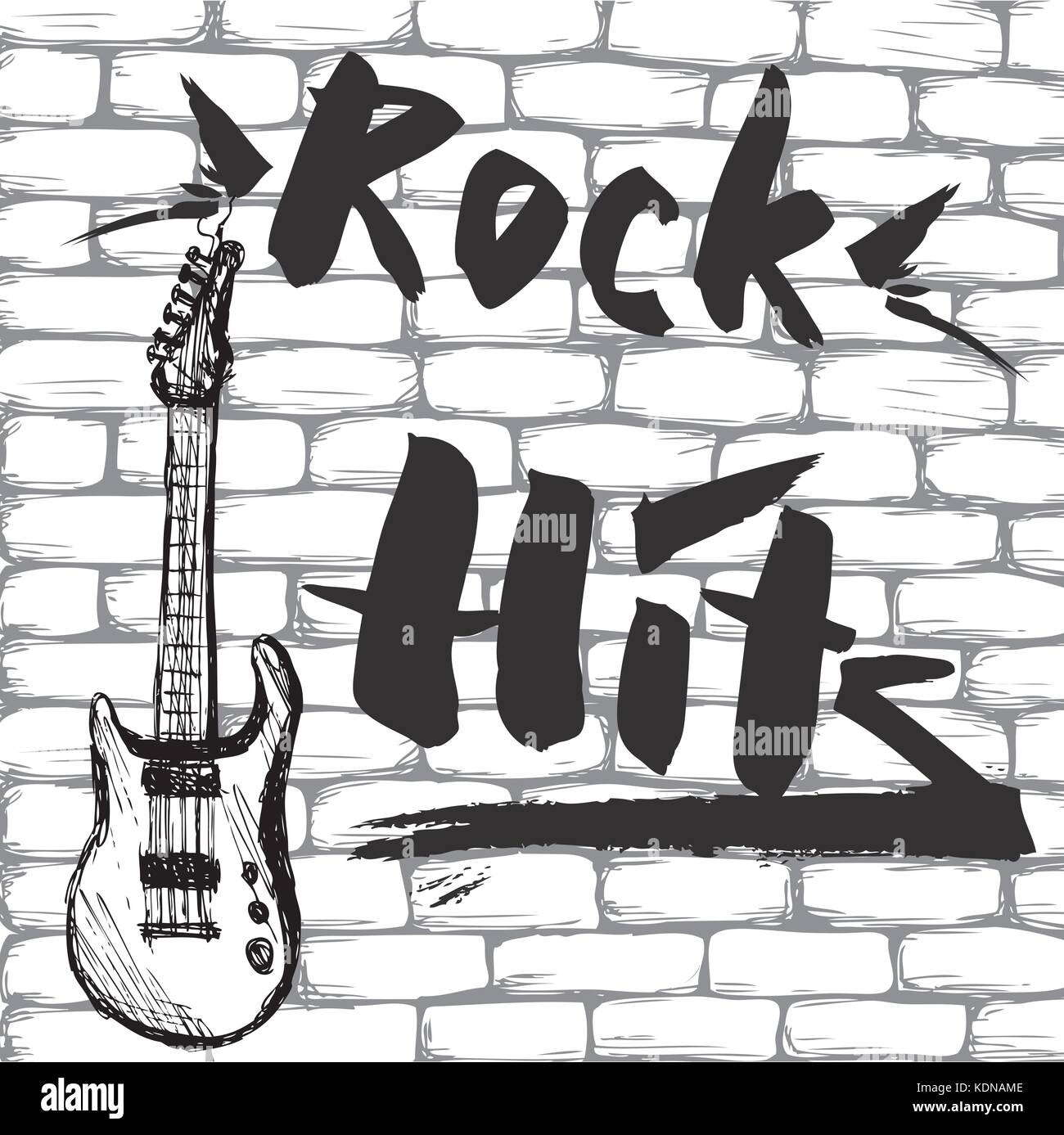 The inscription - Rock Hits and Guitar on a brick wall, vector ...