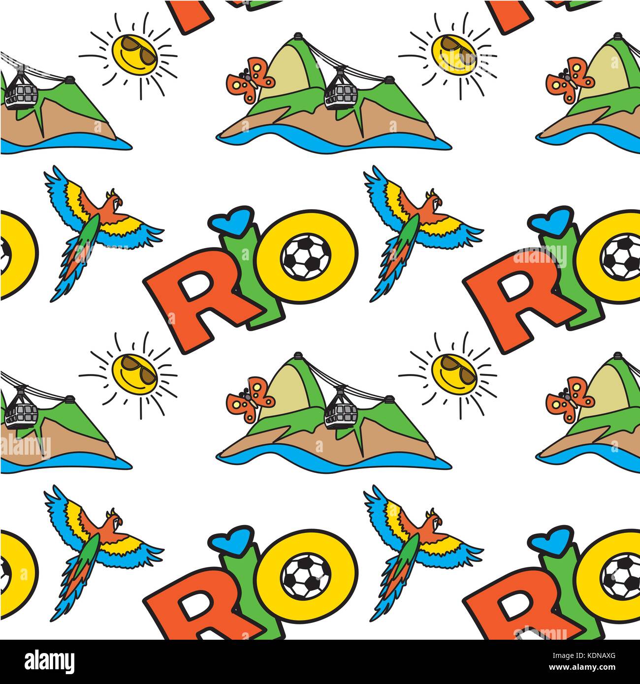 Seamless pattern with Inscription Rio, mountain and parrot, vector ...