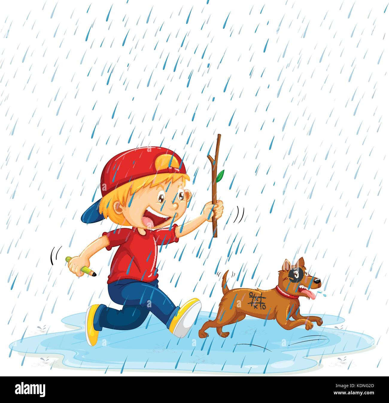 Boy and dog running in rain illustration Stock Vector Image & Art - Alamy