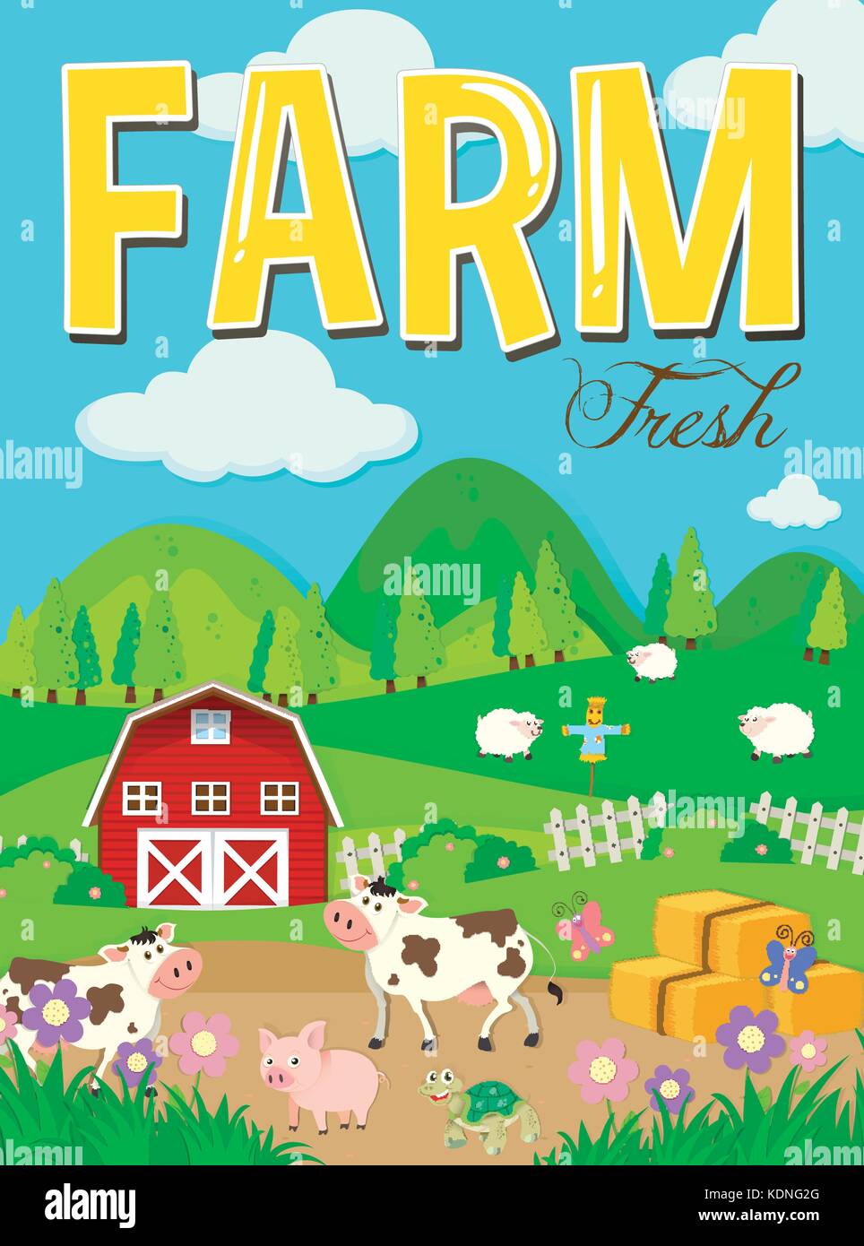 Farm scene with animals and barn illustration Stock Vector Image & Art ...