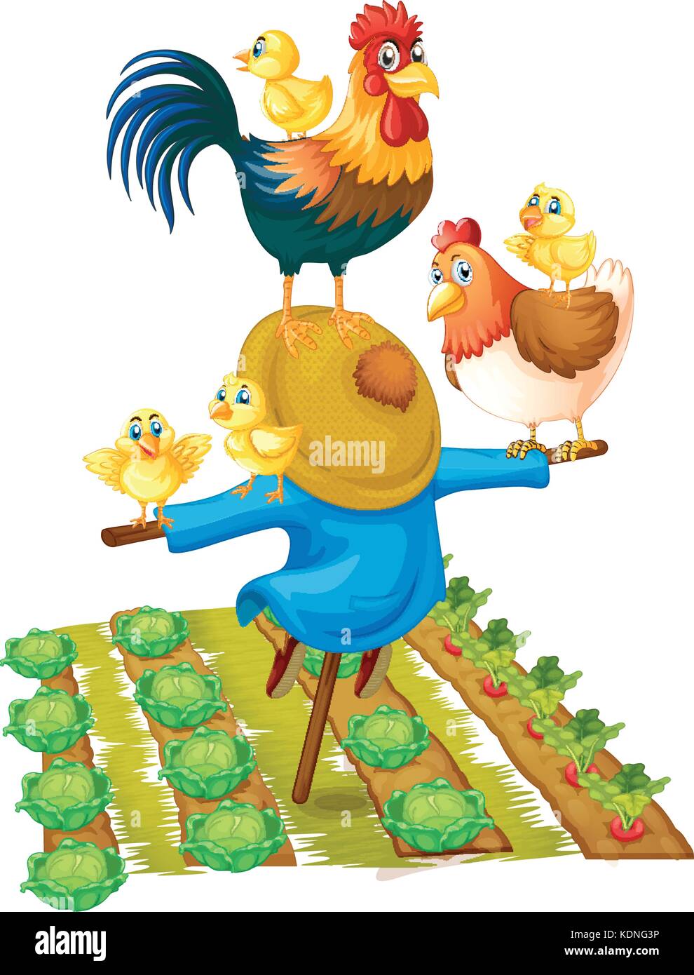Scarecrow and chickens in vegetable garden illustration Stock Vector ...